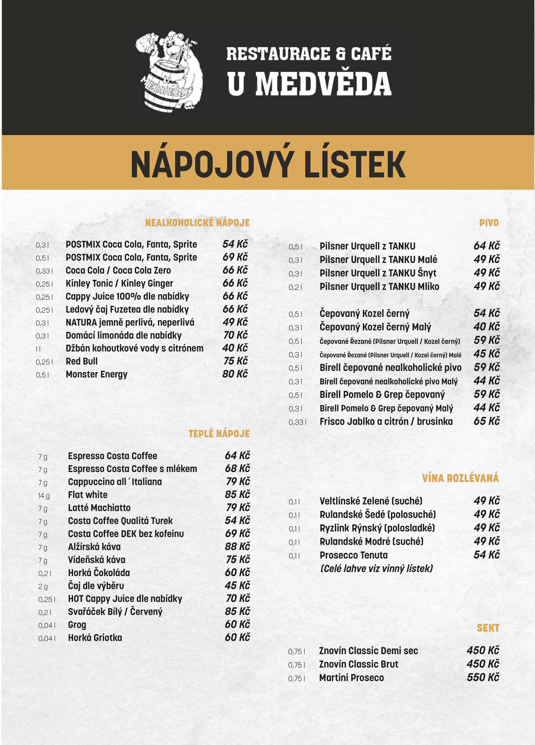 Jídelní lístek - Restaurace a Café U Medvěda